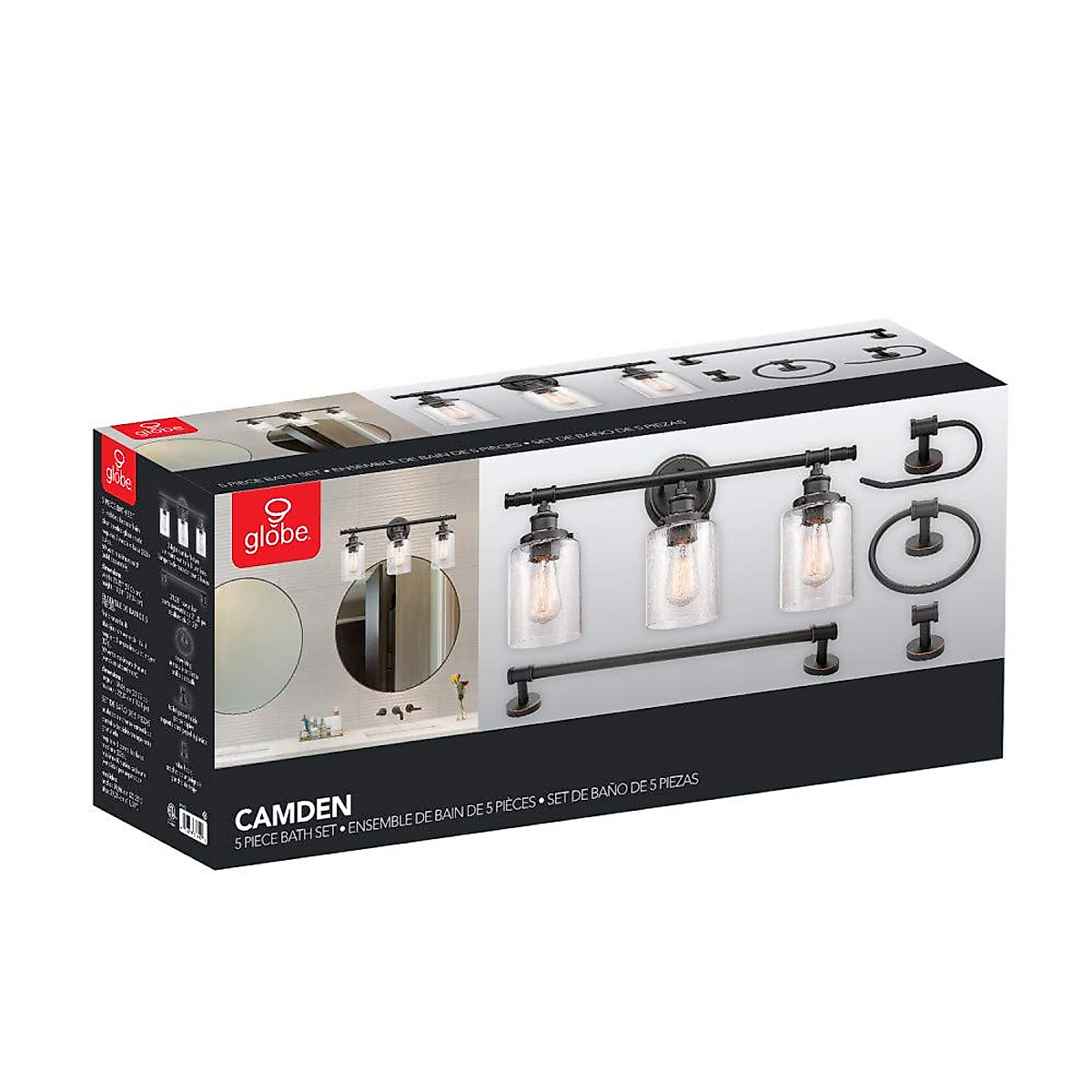 Globe Electric 51415 5-Piece All-in-One Bathroom Accessory Set, with Vanity, Bronze, 3-Light Vanity Light, Seeded Glass, Towel Bar, Towel Ring, Robe Hook, Toilet Paper Holder, Home Improvement