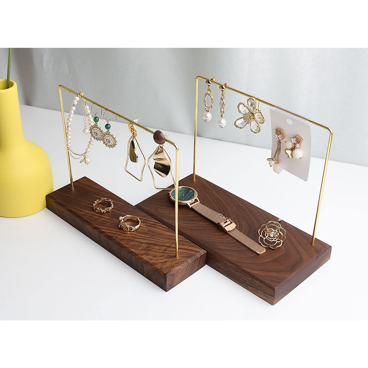 GemeShou Walnut Brass Jewelry Storage Display, Wooden earring organizer for dangle hoop hook, Earring display stands for boutique Closet show【Walnut U Shelf Height 5.91"-Big】