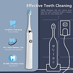 Electric Toothbrush for adults, Sonic Toothbrush with 4 Brush Heads 1 Calculus Cleaner, Rechargeable Toothbrushes with 5 Modes and Smart Timer, Fast Charge 4 𝐇𝐨𝐮𝐫𝐬 𝐋𝐚𝐬𝐭 90 𝐃𝐚𝐲𝐬 (White)
