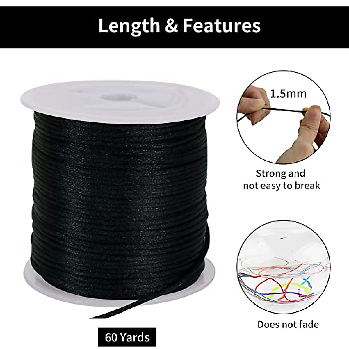 TONIFUL 1.5mm x 50 Yards Black Nylon Cord Satin String for Bracelet Jewelry Making Rattail Macrame Trim Cord Necklace Bulk Beading Thread Kumihimo Chinese Knot Craft