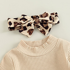 fhutpw Newborn Baby Girl Clothes Infant Rib Frill Long Sleeve Romper Flared Pants Headband Set 3pcs Fall Winter Outfits (C- Beige- Mock Neck, 0-3 Months)