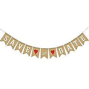 Save The Date Burlap Banner - Engagement Picture Prop Wedding Announcement - Ready to Hang Bridal Shower Decoration – White Letters & Red Hearts Garland by Jolly Jon
