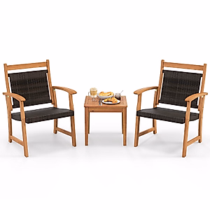 HAPPYGRILL 3 Pieces Rattan Wood Bistro Set, Patio Wicker Chairs Set with Acacia Wood Side Table, Outdoor Sofa Furniture Set for Yard Garden Porch Poolside