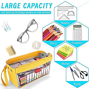 HAUTOCO Big Capacity Pencil Pen Case Large Pencil Pouch Clear Pen Bag, Portable Pencil Box with Handle Stationery Organizer Holder for College Teens Girls Back to School Supplies, Yellow