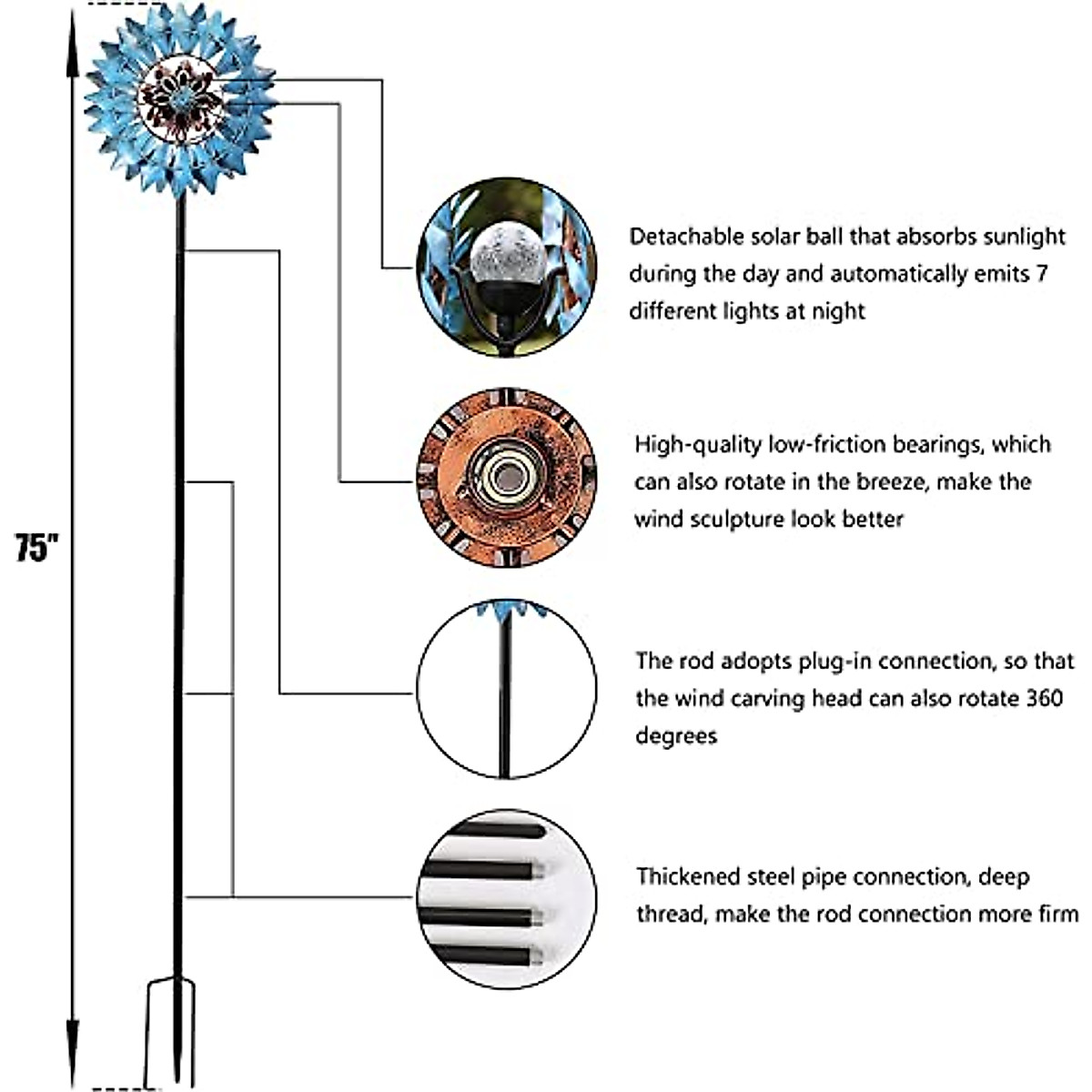 Solar Wind Spinner - Solar Powered Glass Ball 75in Multi Color Seasonal LED Lighting with Kinetic Dual Direction Metal Sculpture Construction for Outdoor Yard Lawn & Garden