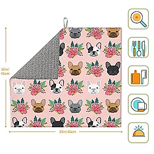 French Bulldog And flowers Printed Drying Mat For Kitchen Ultra Absorbent Microfiber Dishes Drainer Mats Non-Slip Silicone Quick Dry Pad - 18 X 16inch