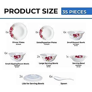 Borosil Gourmet Dinnerware Set For 6, 35 Pieces, White Dinner Plates and Bowls , Chip Resistant Tempered Opal Glass, Stain Resistant, Dishwasher & Microwave Safe Dinner Set For Gifting, Serves 6