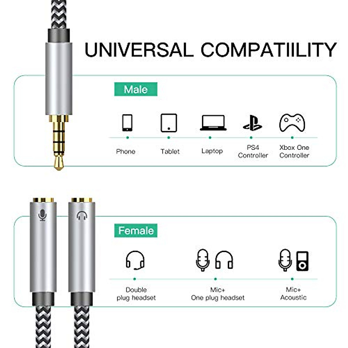 MORELECS Long Headset Splitter Cable 5 ft, 3.5mm Male to 2 Dual 3.5mm Female Headphone Mic Headset Adapter for Gaming Headset to PC, Headphone Splitter with Separate Microphone and Headphone Jack