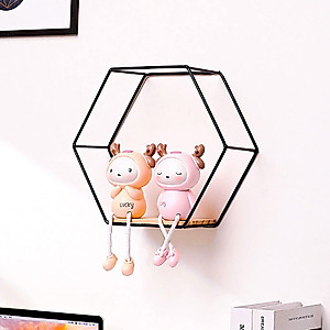 Mnaocz 3Pcs Hexagon Floating Shelves, Hexagon Shaped Floating Wall Shelves for Bedroom, Metal Wire and Rustic Wood Wall Storage Shelves for Home Decor(#1)