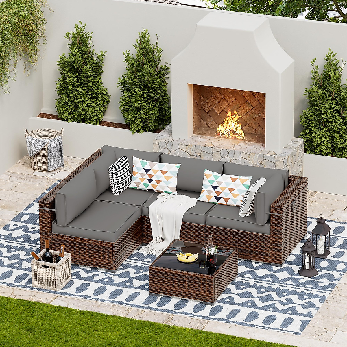 UDPATIO Patio Furniture Sets, Modular Rattan Outdoor Patio Sectional Furniture Sofa Set, Wicker Patio Conversation Set for Backyard, Deck w/Glass Coffee Table, 5PC Brown/Grey (Include Sofa Cover)