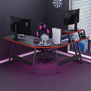 Lufeiya Black L Shaped Gaming Desk - 51 Inch Computer Corner Desks, Carbon Fiber Surface PC Desk Table with Monitor Stand for Home Office Writing, Black