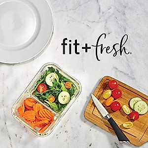 Fit & Fresh, Airtight Seal, Portion Cont Divided, 3-Pack, Two Compartments, Set of 3 Locking Lids, Glass Storage, Meal Prep Containers, 3 Pack, Clear