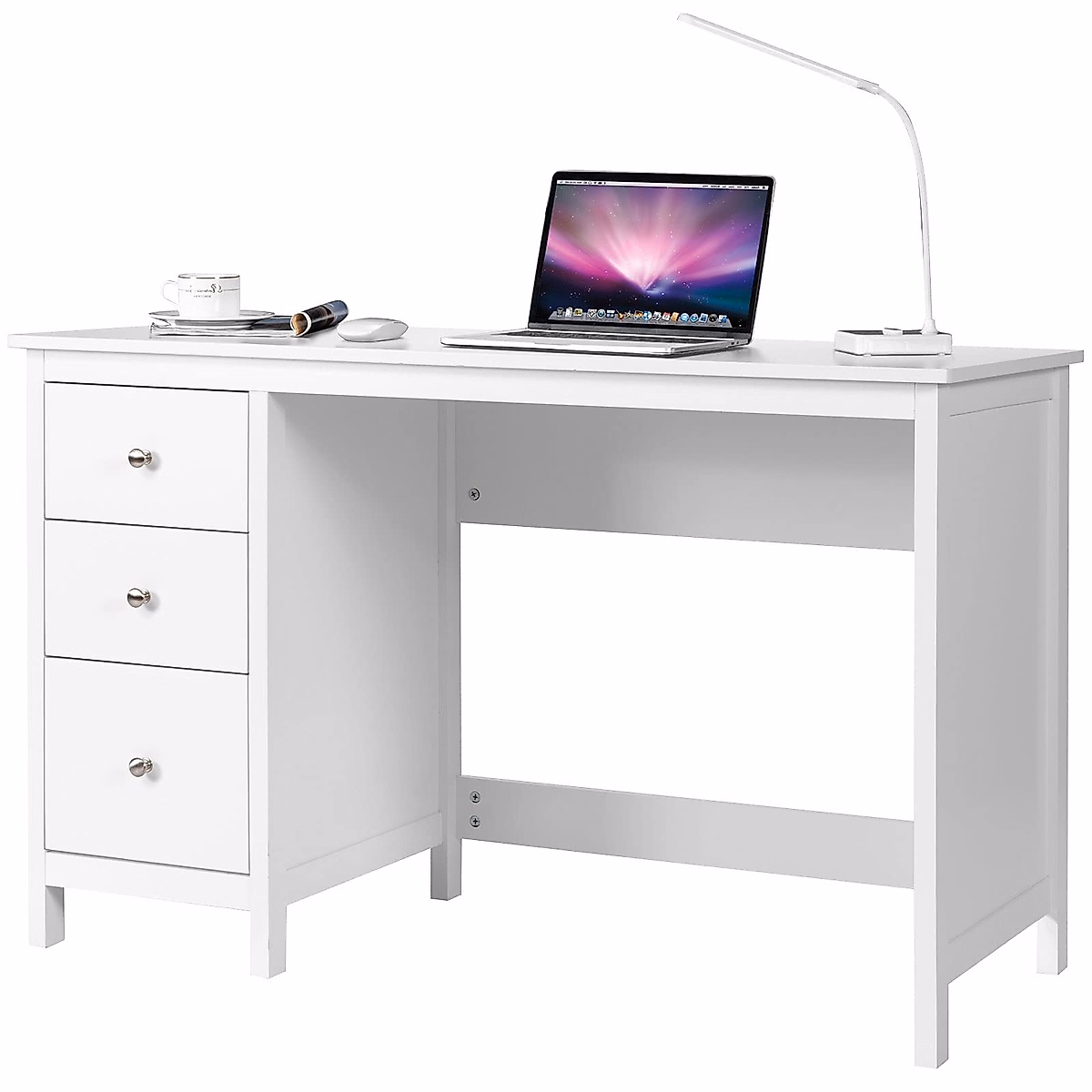 GRAFFY 3-Drawer Computer Desk, Study Desk with Spacious Desktop, Modern Writing Desk, Compact Laptop Desk, Multipurpose Workstation for Home Office (White)