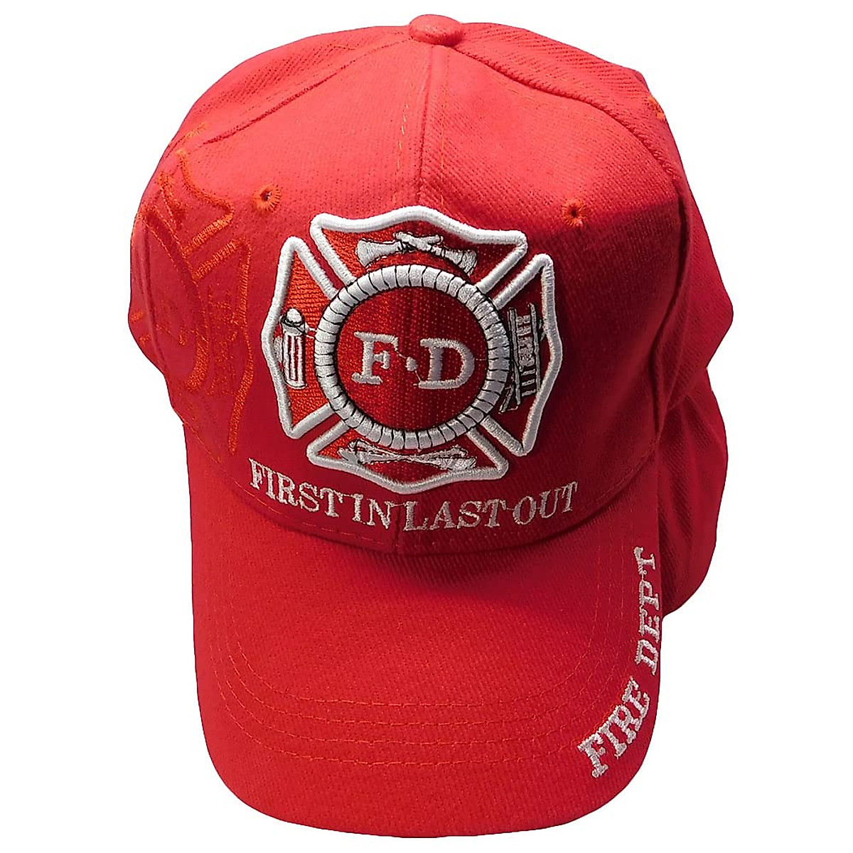 Trade Winds Fire Department Dept First in Last Out Red with Red Shadow Cotton Adjustable Embroidered Baseball Hat Cap, Black, 7 3/4