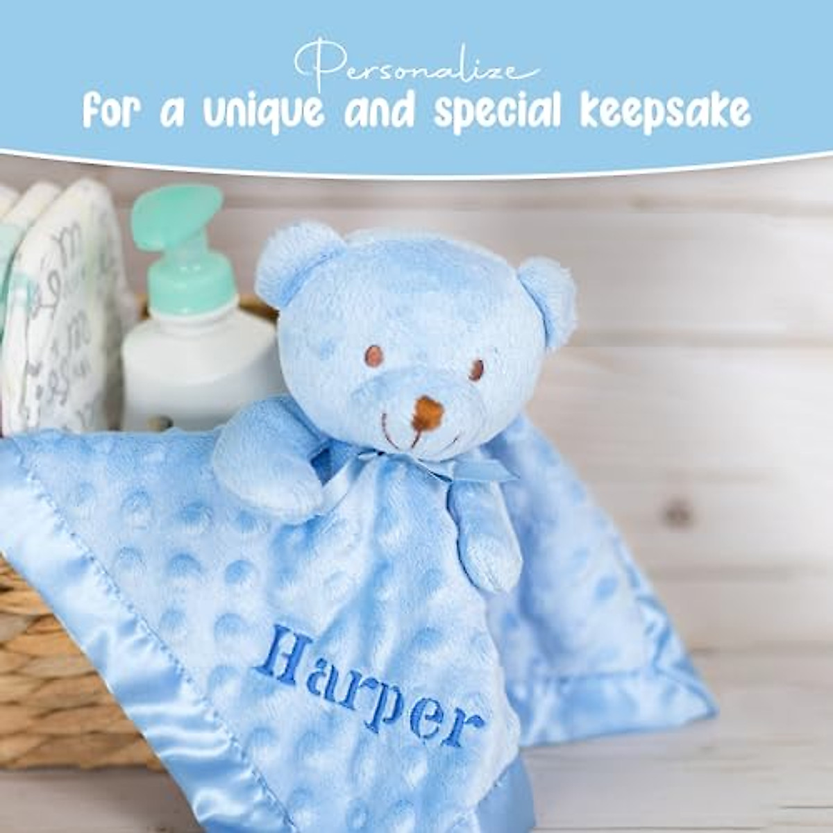 Personalized Baby Lovey with Custom Name - Soft and Snuggly Baby Security Blanket - Blue Teddy Bear Stuffed Animal Security Blankets for Babies 11" - Personalized Baby Gifts for Girl and Boy