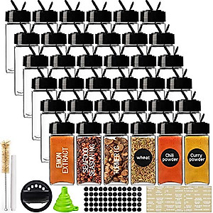 CUCUMI 36pcs 4oz Glass Spice Jars with Labels Spice Containers Square Spcie Bottles with Black Caps, 1pcs Silicone Collapsible Funnel 203pcs Waterproof Labels 1pcs Test Tube Brush 1 Chalk Marker