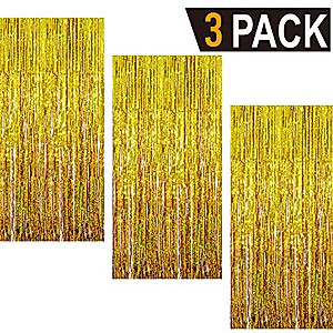 GOER 3.2 ft x 9.8 ft Metallic Tinsel Foil Fringe Curtains Party Photo Backdrop Party Streamers for Birthday,Graduation,New Year Eve Decorations Wedding Decor (Gold,3 pcs)