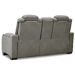 Signature Design by Ashley The Man-Den Leather Power Reclining Loveseat with Center Console, Adjustable Headrest & Wireless Charging, Gray