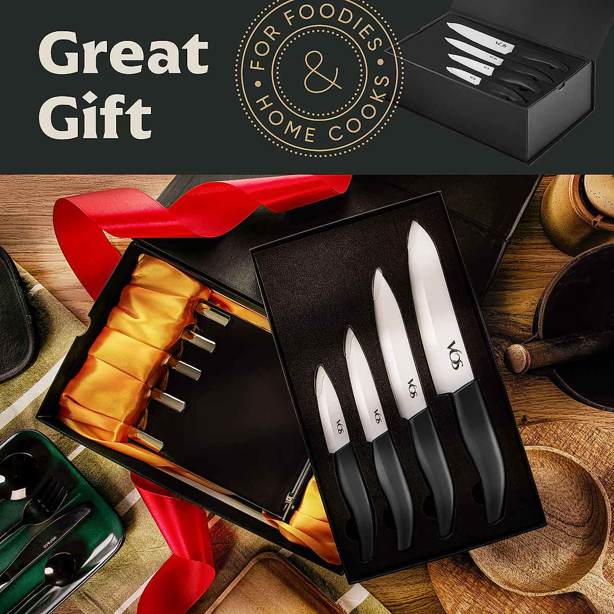 Vos Ceramic Knife Set, Ceramic Knives Set For Kitchen, Ceramic Kitchen Knives With Holder, Ceramic Paring Knife 3", 4", 5", 6" Inch Black