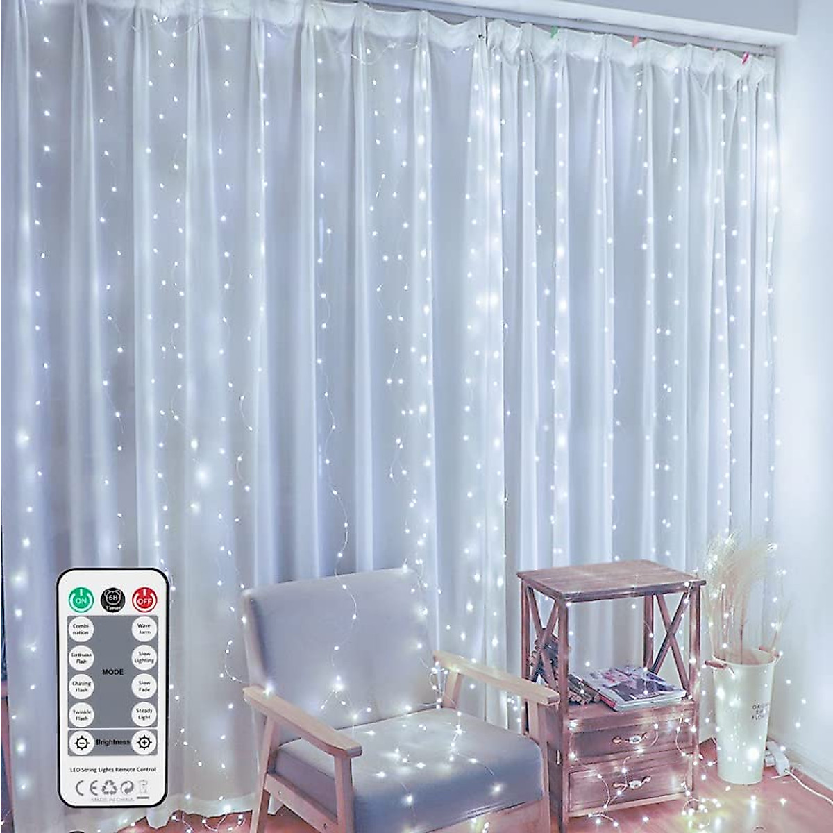 SVNOOC 300LED Fairy Curtain Lights USB Plug in 8 Modes Window Wall String Hanging Lights with Remote for Bedroom, Indoor, Outdoor, Weddings, Christmas, Party Decorations (Fairy White Cold)