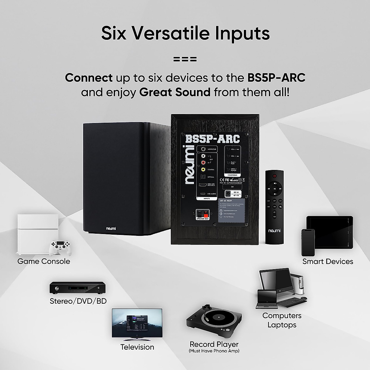 NEUMI BS5P-ARC 75-Watt Powered Bookshelf Speakers, Bluetooth, HDMI, USB, Optical, Coaxial, Remote Control, 5-Inch Woofer, 1-Inch Tweeter, Dark Wood, 1 Pair