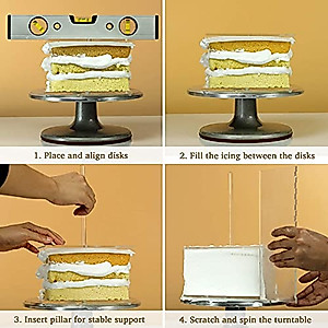 AQUIVER Acrylic Square Cake Disk Set - Cake Discs Circle Base Boards with Center Hole - 2 Comb Scrapers (4 Patterns) & 3 Dowel Rod - 6.25", 8.25", 10.25", 2 of Each Size - Supplies for 3 Tier Cakes