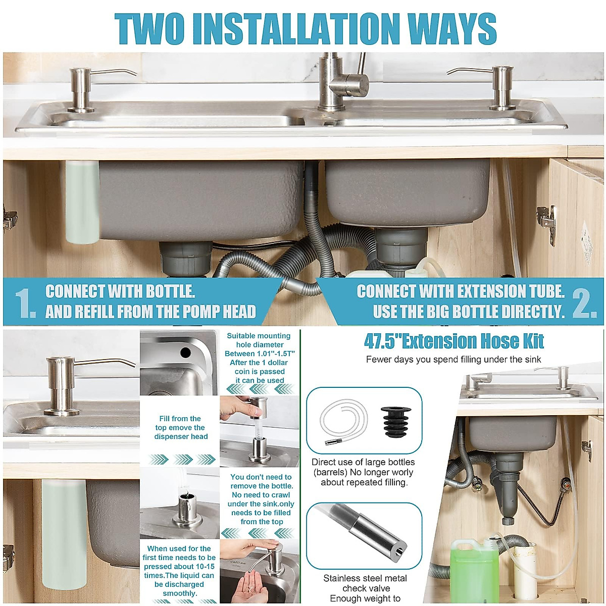 1 Pcs Sink Soap Dispenser Pump Set, Built-in Soap Dispenser for Kitchen Sink, Countertop Under Sink Soap Dispenser with 47in Extension+3.2in Spout+17oz Bottle,Longer Thread Shaft,Without Large Bottle