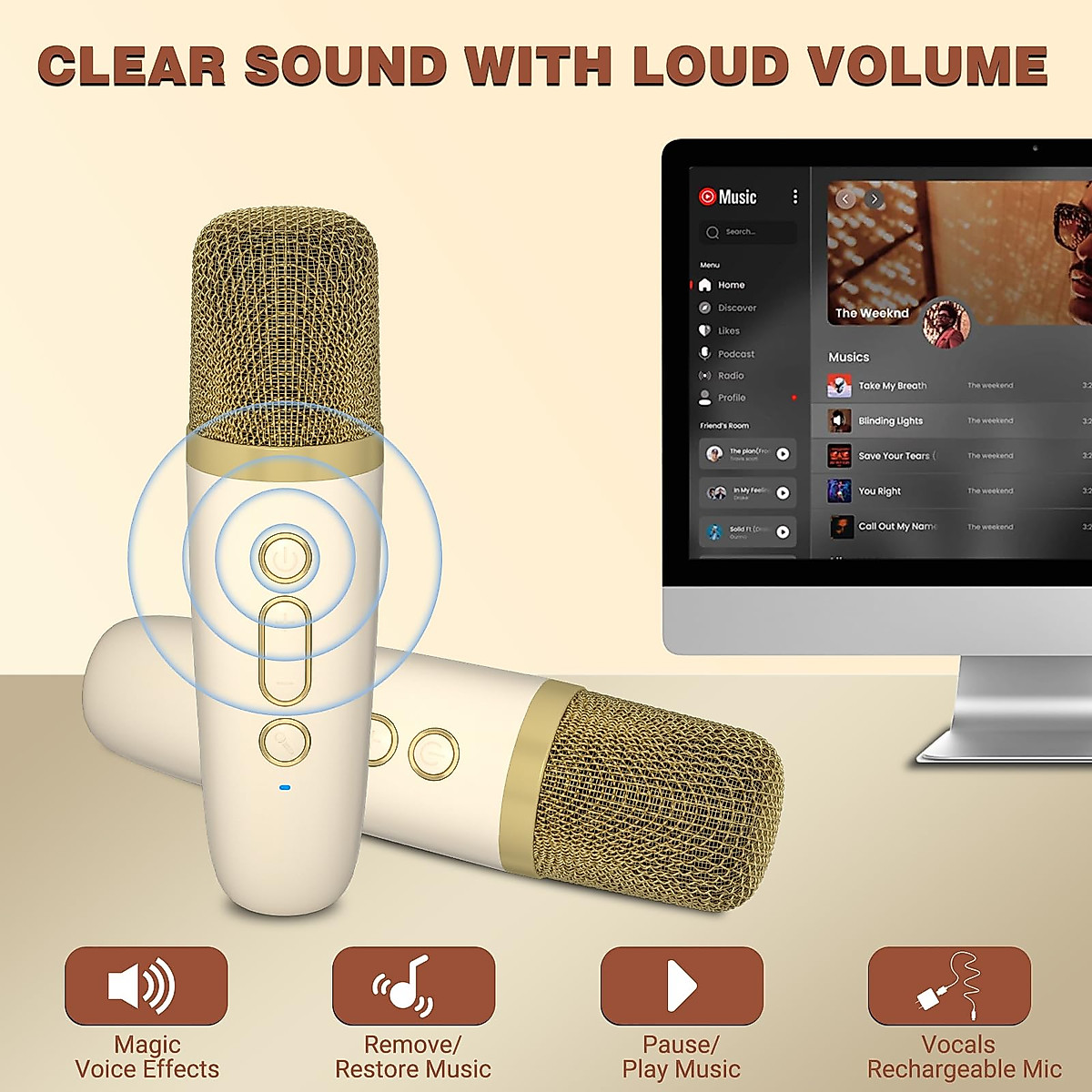 IROO Mini Karaoke Machine with 2 Wireless Microphone,Bluetooth Speaker for Kids and Adults,Gifts for Girls and Boys 4, 5, 6, 7, 8, 9, 10 +Year Old Birthday Party Home (Beige)