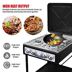 4 Burner Gas Stove Camping Stove Propane Burner Portable Stable RV Stove Top Stainless Steel Camping Grill Stove Outdoor Safety with Removable Stand, CSA Certified Gas Regulator and Hose Easy to Clean