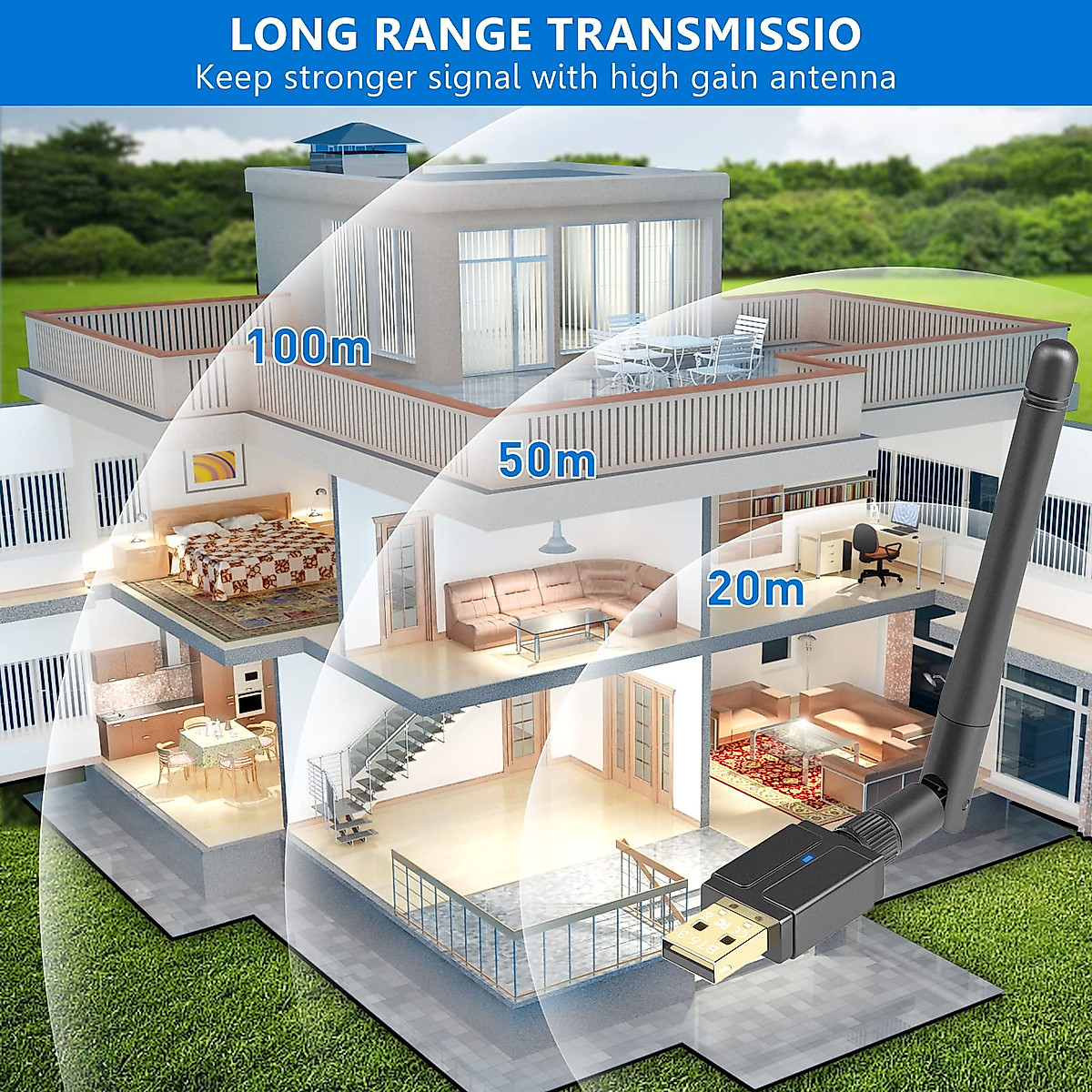 Long Range Bluetooth Adapter for PC 5.3, USB Bluetooth Adapter Dongle 328FT / 100M, 5.3+EDR Bluetooth Wireless Transmitter Receiver for Desktop Laptop PC with Windows 11/10/8.1