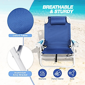RedSwing Portable Backpack Beach Chair, Multi-Position Folding Low Beach Chair for Adults, Aluminum Heavy Duty Compact Chair for Concert, Beach, Picnic, 2 Pack of Blue