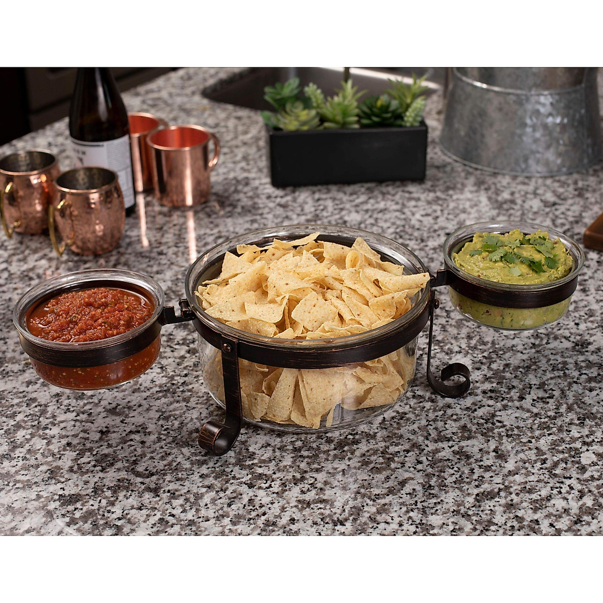 BIRDROCK HOME Chip and Dip Serving Bowl Set - Triple Glass Bowls with Metal Frame - Salsa Appetizer Party Serveware - Veggie, Shrimp, Guacamole, Chips and Taco Platter - Party Size - Compact Storage
