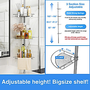 AIYAKA Tension Corner Shower Pole Caddy, Bathroom Storage Organizer, 65 to 106 inch Adjustable Height, with 2 Hooks, Silver