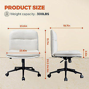 FitStand Criss Cross Chair with Wheels, Cross Legged Office Chair, Armless Wide Vanity Chair with Back, Desk Chair Comfy Wide Seat, Leather Swivel Accent Chair for Home Office HC1 (White)