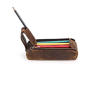 Hiram Pen Case Leather Pouch, Crazy Horse Cowhide Leather Zipper Pencil Case Leather, Portable Pen Bag Pouch Leather Cosmetic Case(Coffee)