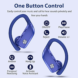 bmanl Wireless Earbuds Bluetooth Headphones 48hrs Play Back Sport Earphones with LED Display Over-Ear Buds with Earhooks Built-in Mic Headset for Workout Blue