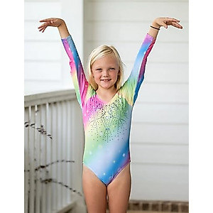 Zaclotre Kid Girls Gymnastic Leotard Long Sleeve Color Gradient Sparkly Ballet Dance One Piece Outfit 140(6-7Y)