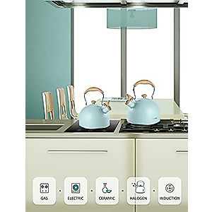 Tea Kettle, BELANKO 85 OZ / 2.5 Liter Whistling Tea Kettle, Tea Pots for Stove Top Food Grade Stainless Steel with Wood Pattern Folding Handle, Loud Whistle Kettle for Tea, Coffee, Milk - Turquoise