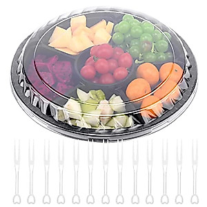 16 Pack Round Appetizer Serving Trays with Lids & 100Pcs Forks,6 Divided Compartments Disposable Food Storage Containers Serving Plate Veggie Trays(Black)