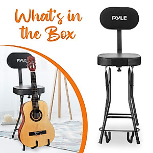 Pyle Seat with Padded Cushion-Heavy-Duty Ergonomic Backrest w/Fold Stand, Foot Rest, Collapsible Design, Holds Acoustic, Electric & Bass Guitars, 300 Lbs Max Load Capacity PYG60
