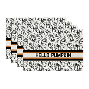 ARKENY Fall Thanksgiving Placemats 12x18 Inches Set of 4, Hello Pumpkin Hand Drawn,Seasonal Burlap Farmhouse Black White Indoor Kitchen Dining Table Autumn Decorations for Home Party AP446-18