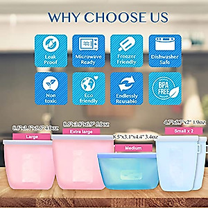 Silicone Reusable Food Storage Bags | 5 Pack Storage Containers Leakproof | Lunch, Sandwich, Vegetables | Freezer, Oven, Microwave Safe
