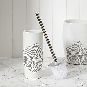 Set of 2 Elegant Leaf Design Hight Quality Polyresin Wastebasket Garbage Receptacle Bin and Brush/Holder for Bathrooms, Powder Rooms, Kitchens, Home Offices White