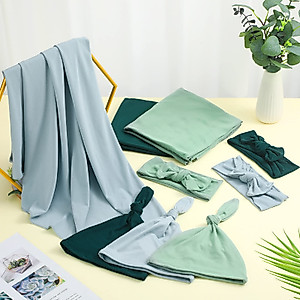 Tudomro 9 Pieces 3 Sets Newborn Swaddle Set with Hat Headband Cotton Baby Swaddle Blanket Newborn Swaddle Wrap Receiving Blanket for Baby Girl Boy, 31.5" x 31.5", Green, Dark Green, Blue