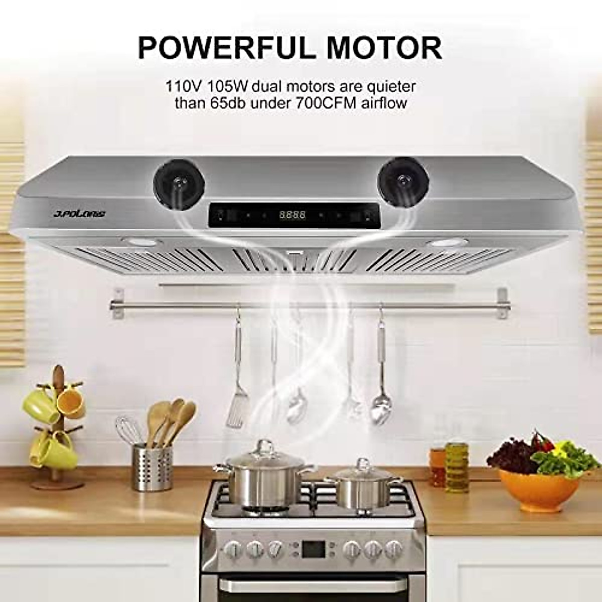 J.Polaris Range Hood for Under Cabinet, 30-Inch, 760CFM, Stainless Steel, ETL Certified, Slim, Permanent Filters, 3 Speed Gesture Sensing, Dual Motors, With 2 Sets of Charcoal Filters (ɑ-30)