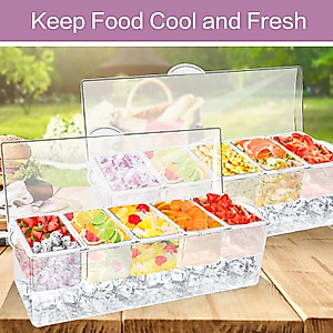FODIENS 5 Compartment Condiment Server, Ice Chilled Condiment Containers with Lid, Clear Condiment Caddy Serving Tray on Ice with 5 Serving Spoons 5 Fruit Forks 2 Serving Tongs