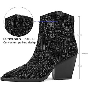 OOHRHN Women's Color Rhinestone Boots Glitter Sparkly Cowboy Booties Chunky Block Heel Pearl Detail Pointed Toe Bridal Wedding Western Ankle Boots Cowgirl Short Boots Black Stone PU Size US 8.5