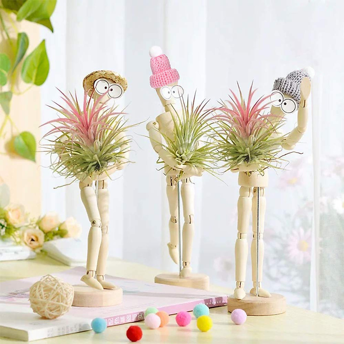 Melphoe 3 Pack Air Plant Holder Wooden Jointed Mannequin Tabletop Flexible Shape Adjustable Pose & DIY Accessories Decor Planter Tillandsia Air Fern Display Stand for Home, Office (3pack)