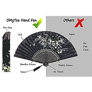 OMyTea Folding Hand Fan for Women - Foldable Japanese Chinese Oriental Vintage Retro Bamboo Silk Fan - for Church, Decoration, Hot Flash, Dance, Performance, Party, Gift (Black Grassflowers)