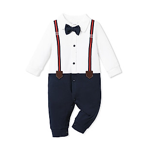 PATPAT Baby Newborn Infant Boys Gender Neutral Long Sleeve Button White Blue Bow Tie Romper Jumpsuit Outfits Clothes Newborn
